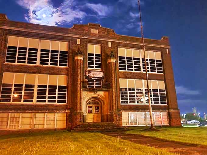 Moonlight transforms this historic brick schoolhouse into a nightmare factory where education takes a sinister turn after dark.