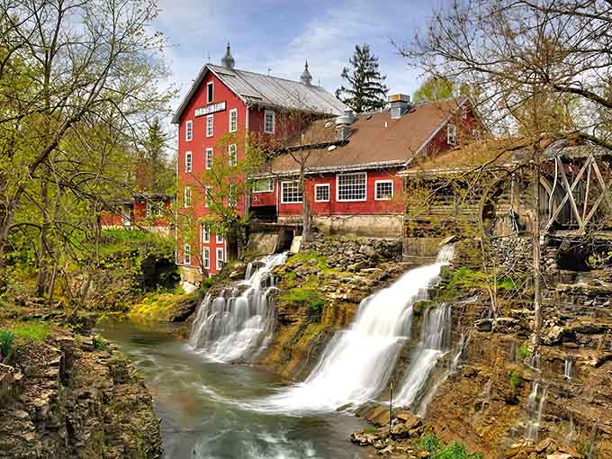 That towering red mill rising above the waterfalls looks like something a particularly ambitious set designer dreamed up, except it's been standing there since the 1800s, making it real and spectacular.