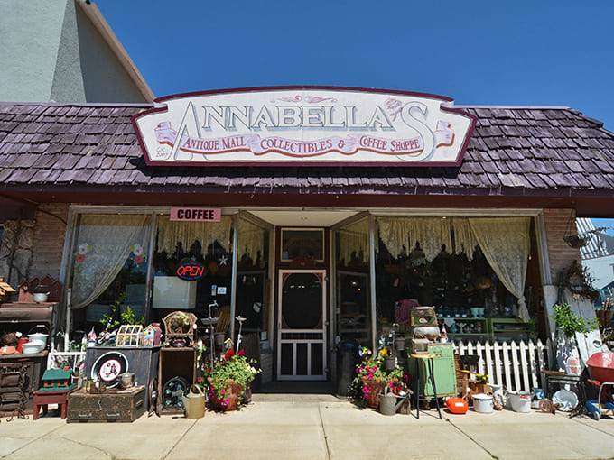 The charming exterior of Annabella's welcomes treasure hunters with vintage finds spilling onto the porch like a preview of coming attractions.
