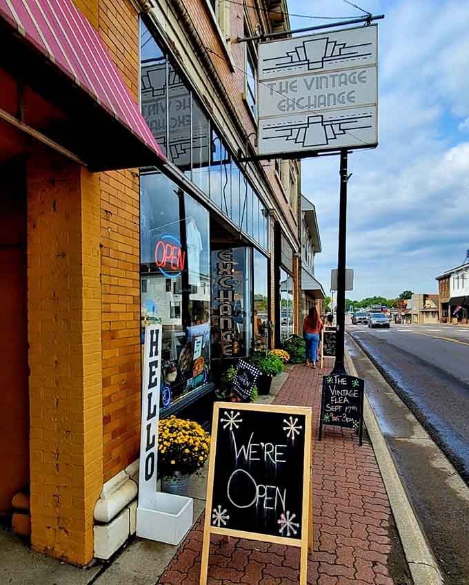 That cheerful "WE'RE OPEN" sign on the sidewalk is basically shouting "Come find your new favorite old thing!" and honestly, who could resist that invitation?