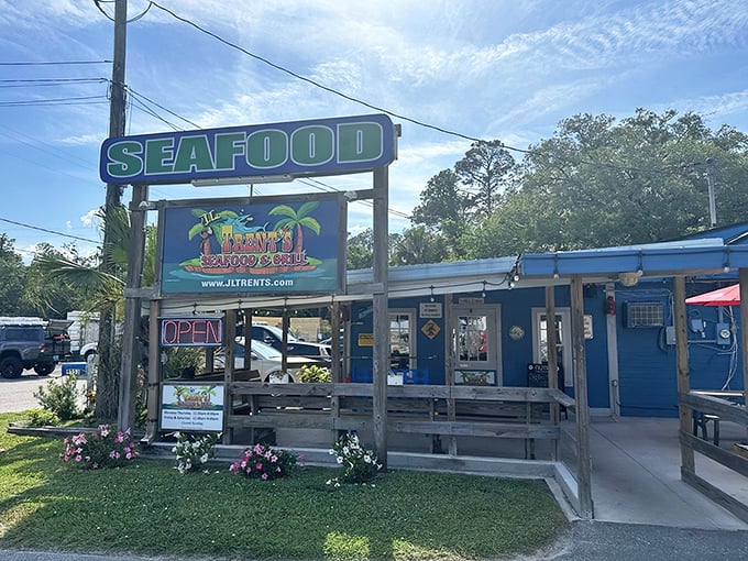 A blue coastal haven beckoning seafood lovers with its unpretentious charm and promise of ocean-fresh delights.