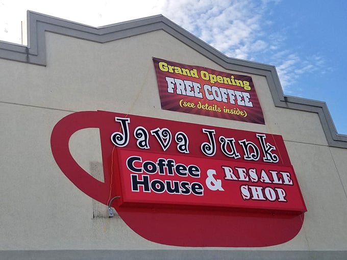 That bold red coffee cup sign isn't just advertising caffeine, it's your beacon to furniture paradise and the best-kept shopping secret in Clinton Township.