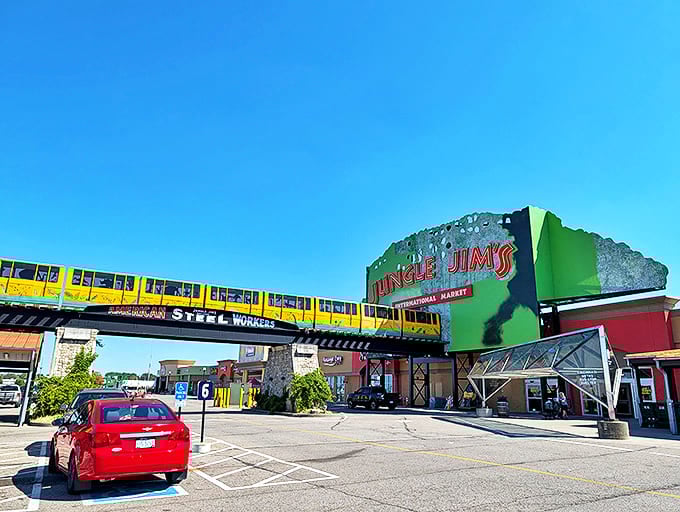 The iconic Jungle Jim's exterior welcomes food adventurers with its vibrant signage and overhead monorail &ndash; grocery shopping's answer to Disneyland.