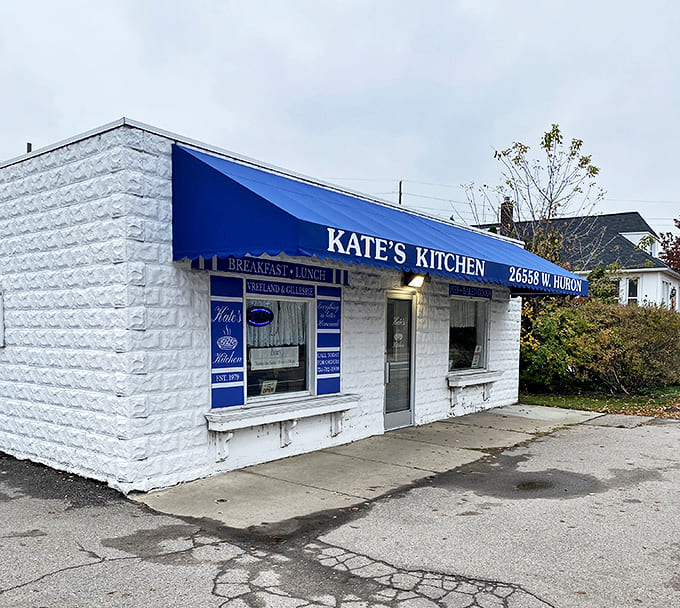 Exterior: A humble white building with royal blue awning &ndash; Kate's Kitchen doesn't need flashy signs when the pies inside speak volumes.
