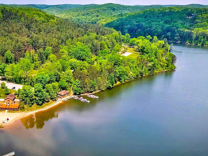 Nature's masterpiece unfolds from above &ndash; Lake Hope's shimmering waters embrace the rolling hills of Zaleski State Forest like a liquid jewel.