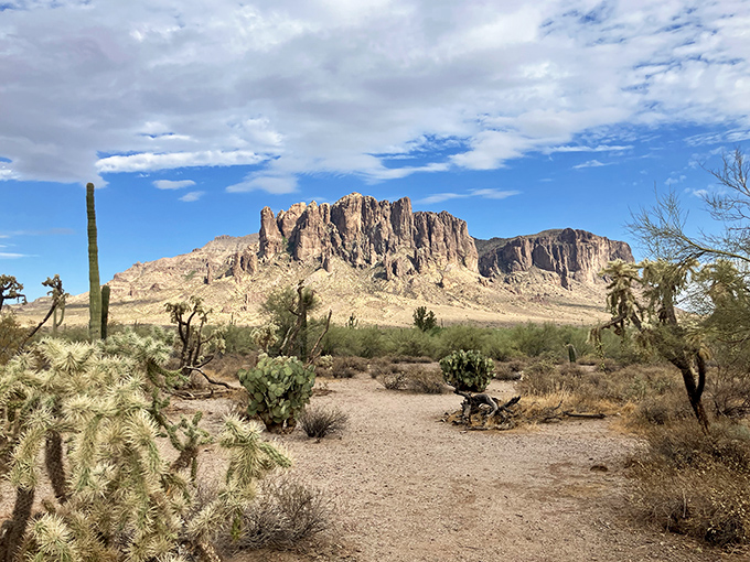 The majestic Superstition Mountains rise dramatically from the desert floor, their jagged silhouette telling tales of lost gold and frontier legends.