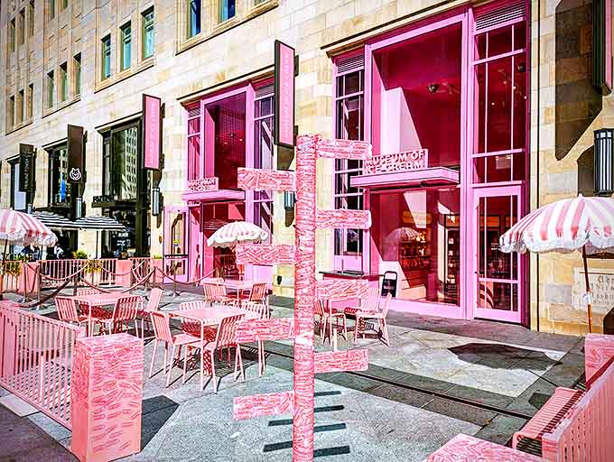 A pink paradise awaits at Chicago's Museum of Ice Cream, where the exterior is as bold and playful as the experiences inside.