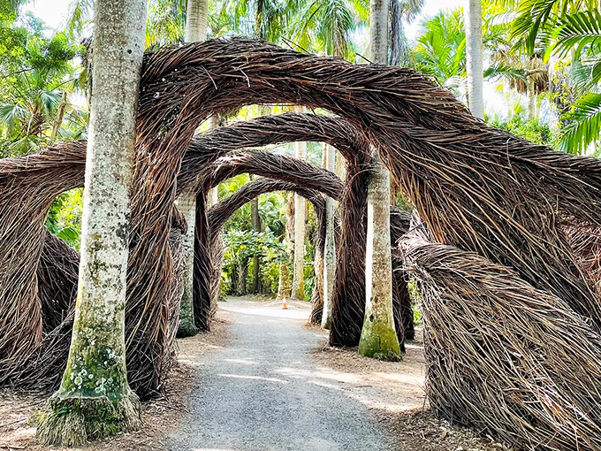 Nature's cathedral: These woven branch tunnels transform simple garden paths into magical journeys through a living sculpture.