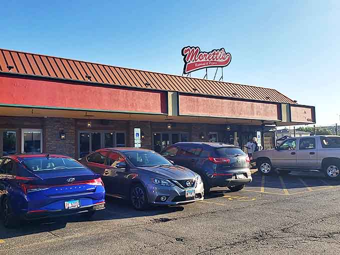 Exterior: Moretti's unassuming red-roofed exterior hides a temple to Chicago's beef sandwich royalty &ndash; like finding a Ferrari in a modest garage.