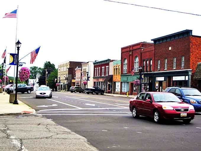 Newton Falls' charming main street whispers stories of yesteryear while colorful hanging baskets add splashes of modern vibrancy.