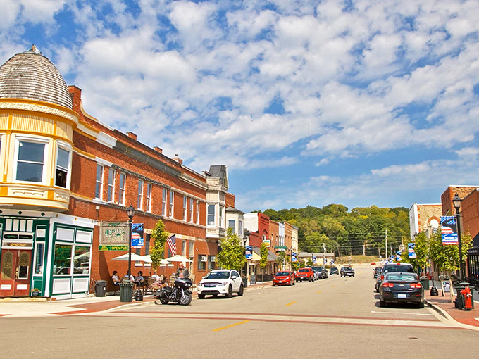 Main Street magic: Utica's historic downtown charms visitors with its brick buildings and small-town atmosphere under picture-perfect Midwestern skies.