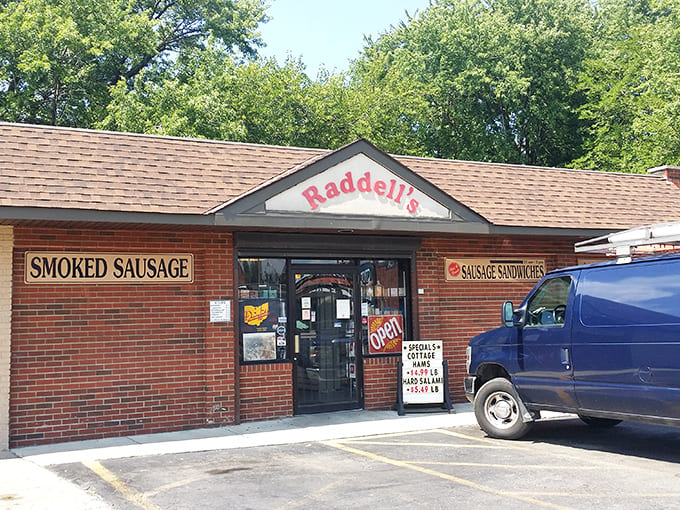The unassuming brick facade of Raddell's Sausage Shop belies the meaty treasures within. Like finding a diamond in a strip mall setting.
