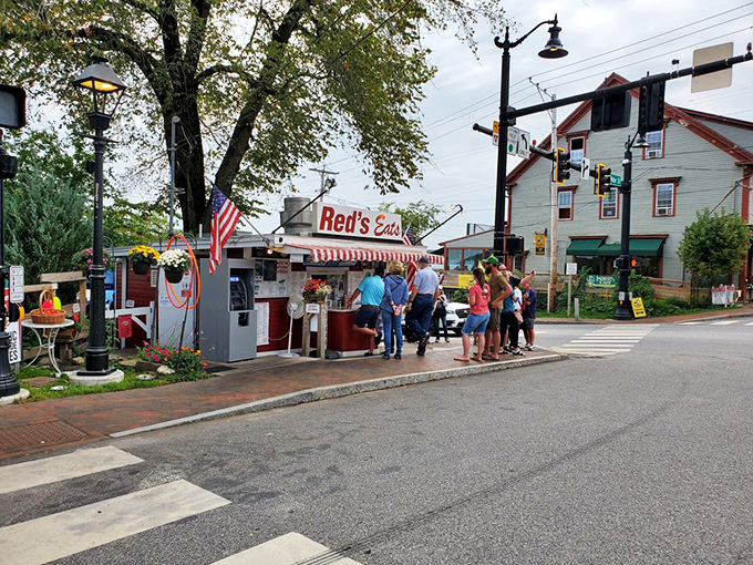 The iconic Red's Eats stand in Wiscasset, where that famous red and white awning has become a beacon for seafood pilgrims traveling Route 1.