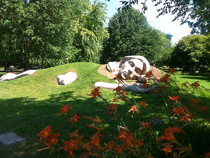Like a modern-day Gulliver's travels, this dreaming face emerges from the earth, surrounded by vibrant daylilies in a perfect suburban escape.