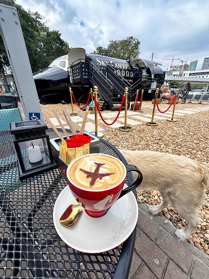 The sleek black exterior of Sky Coffee stands out against Miami's urban landscape, inviting curious passersby to experience coffee at a higher altitude.