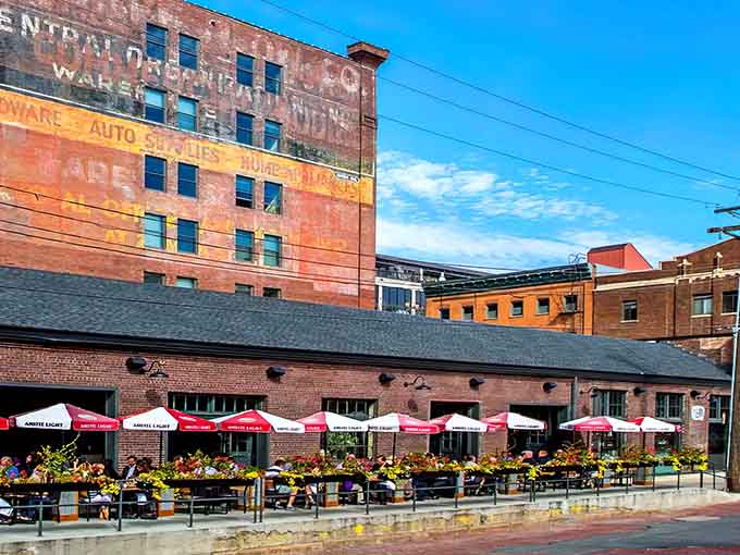 The North Loop location blends seamlessly into Minneapolis's historic warehouse district, where faded brick advertisements whisper stories of the city's industrial past. 