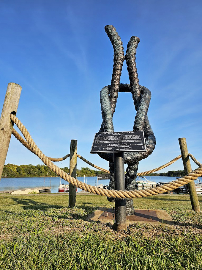 Standing proudly against the Illinois sky, this massive metallic square knot turns a simple Scout lesson into monumental art.