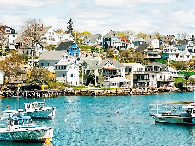 Colorful clapboard houses climb the hillside above Stonington's harbor, where working lobster boats rest between their daily journeys to sea.