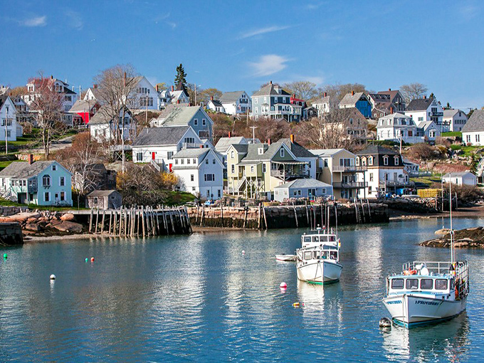 Stonington's hillside homes cascade toward the harbor, creating a scene that belongs on the cover of a Maine travel guide.