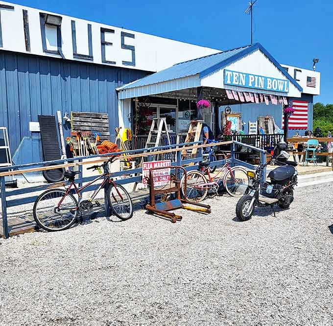 The blue-sided Ten Pin Bowl building stands proudly in Carlyle, its humble exterior hiding a treasure trove of vintage delights within.