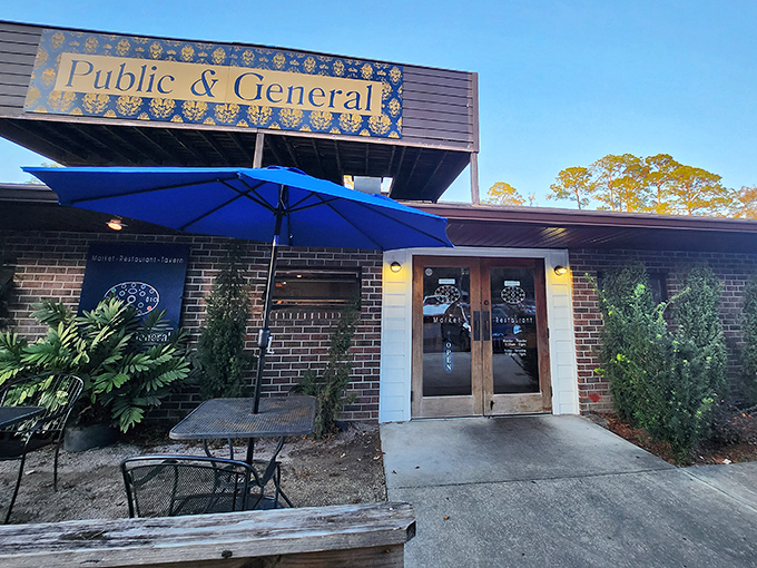 The welcoming facade of Public & General beckons with its blue awning and brick exterior &ndash; a neighborhood gem hiding in plain sight.