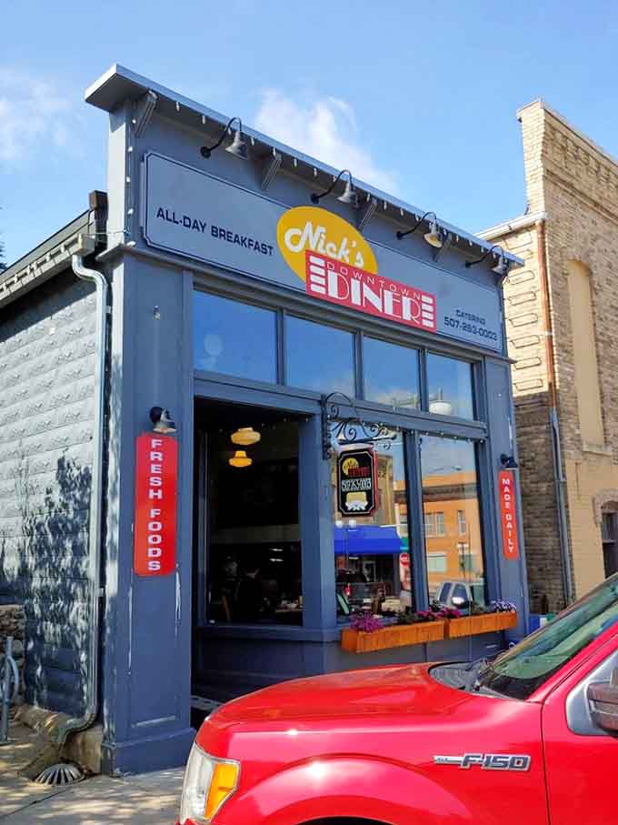 That cheerful blue exterior on Main Street is your beacon to breakfast burrito paradise in downtown Cannon Falls.