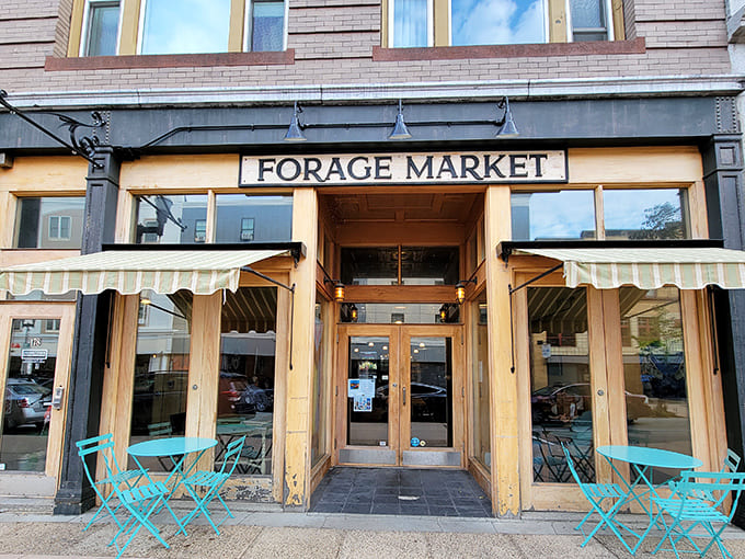 That charming storefront with the striped awnings is your gateway to breakfast sandwich paradise in downtown Lewiston.