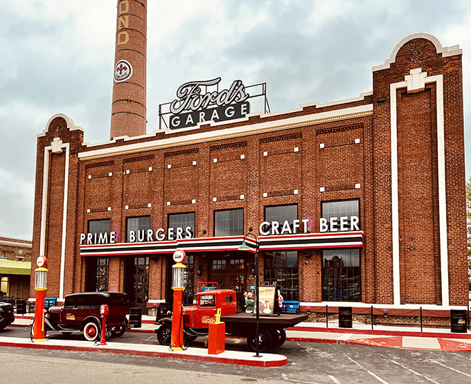 That iconic Ford's Garage sign and vintage brick facade promise an experience that's equal parts nostalgia and deliciousness, with gas pumps that haven't seen actual service since your grandparents were young.