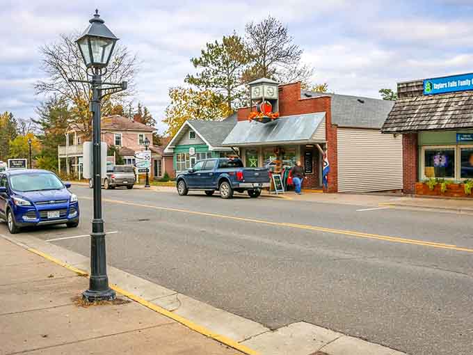 Main Street looks like a movie set designer's idea of the perfect small town, complete with vintage lampposts and autumn charm.