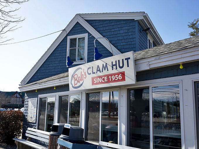 The iconic blue exterior of Bob's Clam Hut stands as a beacon of seafood excellence in Kittery, Maine, promising delicious treasures within.