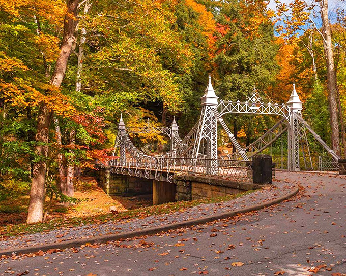 A fairytale vision in autumn Mill Creek's suspension bridge glows against fiery foliage, creating a scene worthy of a storybook illustration.