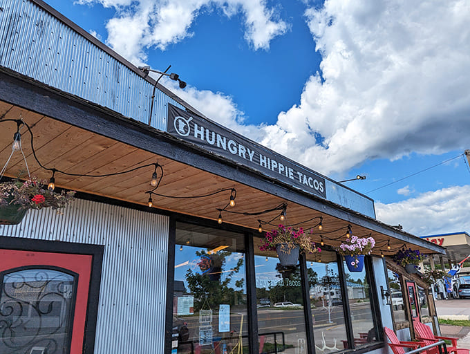 The cheerful exterior of Hungry Hippie Tacos beckons hungry travelers with its colorful charm and North Shore vibes.