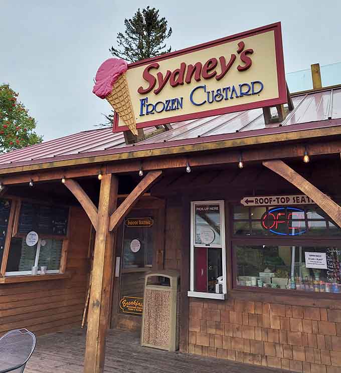 That giant ice cream cone sign isn't just decoration, it's a beacon of hope calling you toward wood-fired pizza and frozen custard glory.