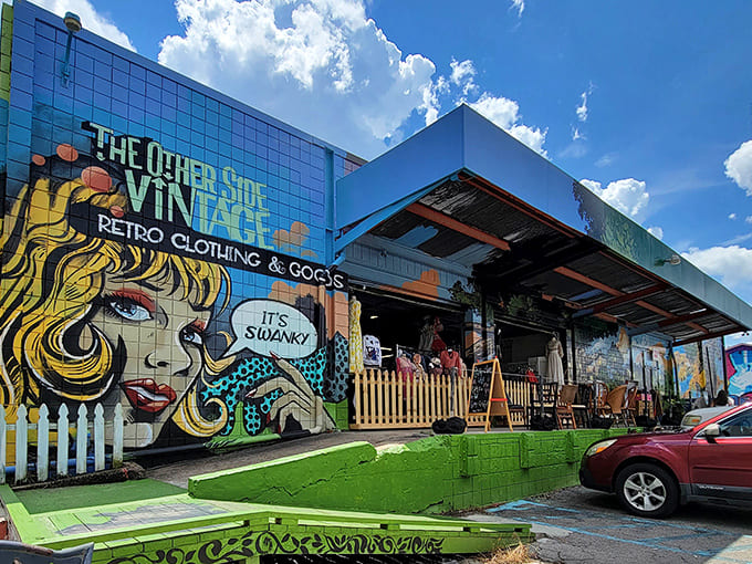 The Other Side Vintage's eye-catching exterior shouts "It's Swanky!" with vibrant murals and retro charm that stops sidewalk traffic in their tracks.