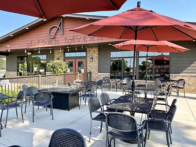 A-Town Tavern welcomes you with modern farmhouse charm and those cheerful red umbrellas that practically scream "sit outside and enjoy life."