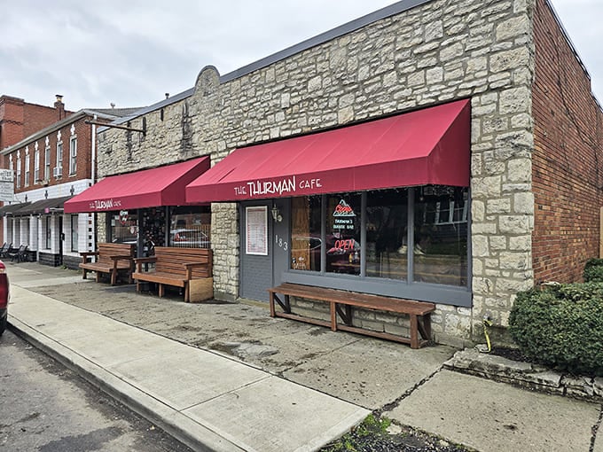 That red awning beckons like a lighthouse for the hungry, promising treasures of the edible variety inside this German Village gem.