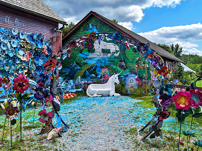 A magical gateway beckons with vibrant flowers and a resting unicorn &ndash; Vermont's whimsy personified in one perfect scene.