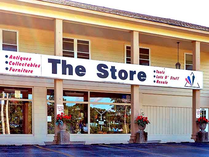 The welcoming facade of "The Store" promises a treasure hunt with its no-nonsense sign advertising everything from antiques to "Lots O' Stuff."