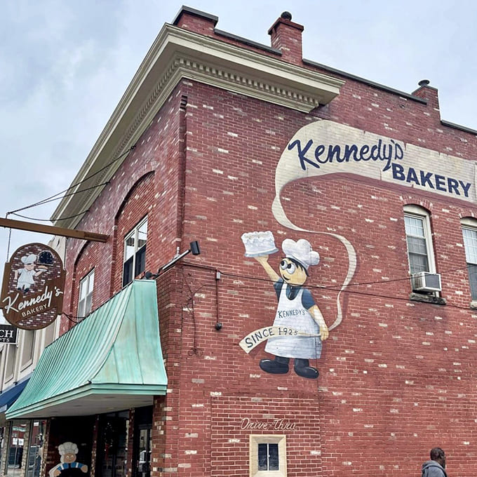 That cheerful baker mural has been welcoming sweet-toothed pilgrims to Byesville since forever, and honestly, if a cartoon character in a chef's hat can't make you smile, check your pulse.