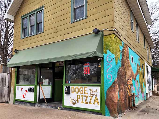 The colorful exterior of Doge Pizza and Grill proves you can't judge a pizza joint by its painted walls.