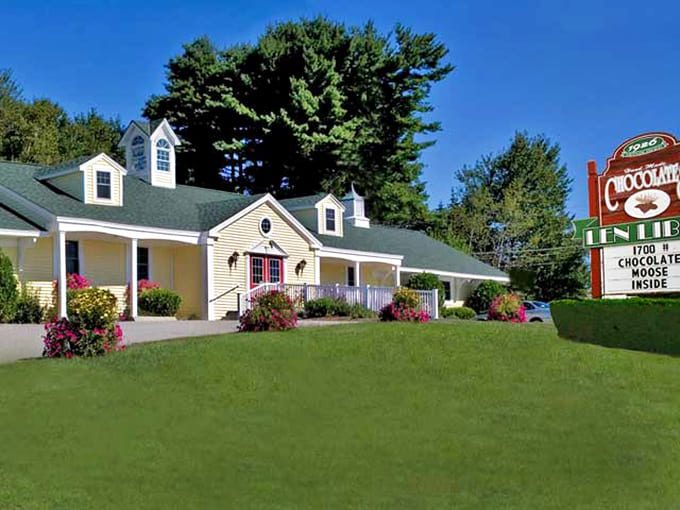 The charming exterior promises sweet discoveries inside, where Maine's most famous chocolate resident awaits your visit.