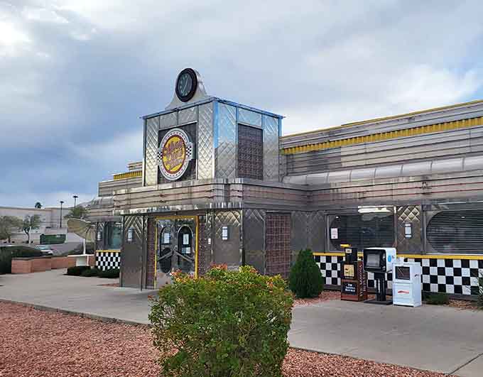 The gleaming exterior of Nana Dee's Diner looks like it rolled straight out of 1955, complete with chrome and checkered accents.