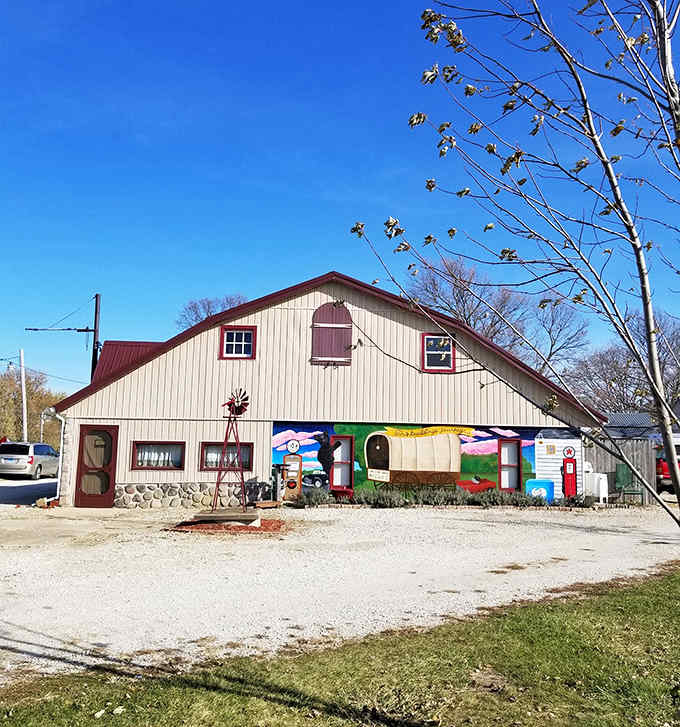 A cream-colored barn with burgundy roof stands proudly against the Illinois sky &ndash; where time travel begins with a simple turn of the doorknob.