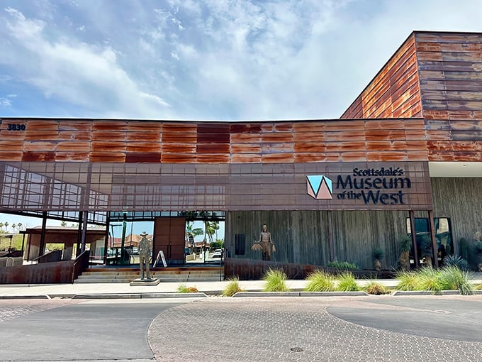 Western Spirit's copper-clad exterior gleams in the Arizona sun, a modern tribute to the rugged beauty of the frontier landscape.