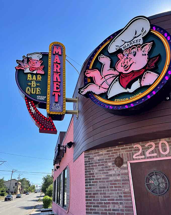 That pink exterior and cheerful pig aren't just cute, they're a promise of the smoky goodness waiting inside this Minneapolis barbecue institution.