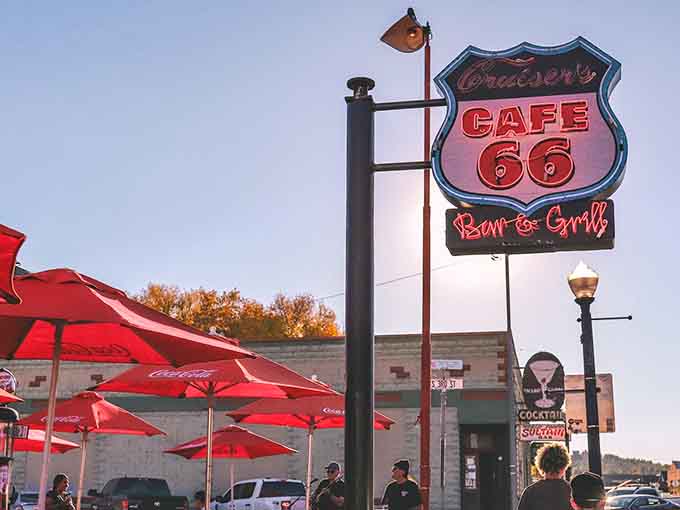 That iconic Route 66 shield beckons hungry travelers to pull over and experience some seriously legendary BBQ in Williams, Arizona.