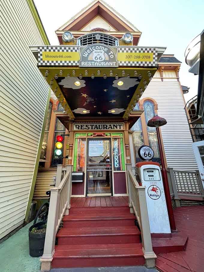 That vintage gas pump isn't just for show; it's your first clue that something wonderfully weird awaits inside this time-traveling eatery.