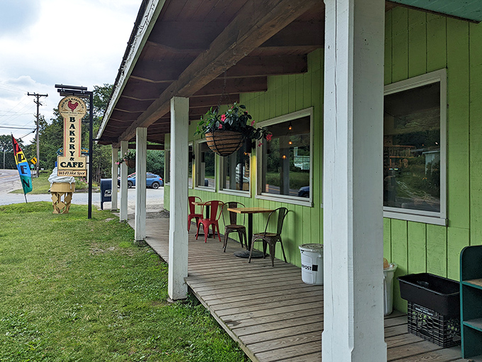 The charming green exterior of Red Hen Bakery beckons like a verdant oasis for carb-lovers on Vermont's Route 2.