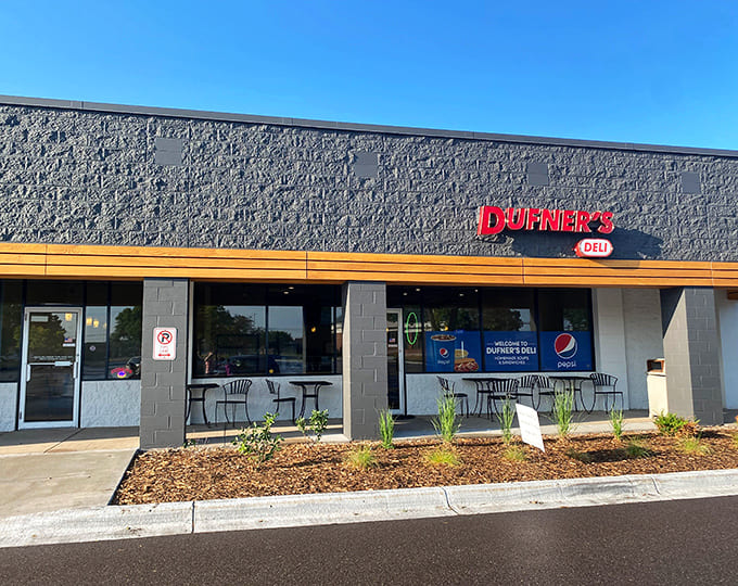 The modern exterior of Dufner's welcomes hungry visitors with bold signage and a promise of homemade goodness inside.