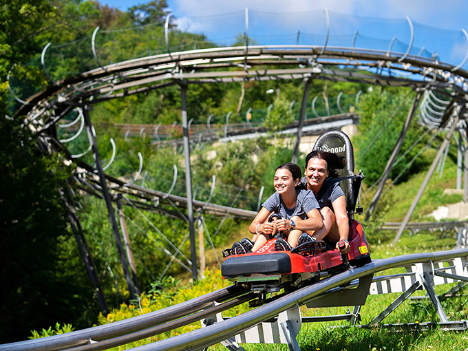 Gravity-powered joy as riders navigate the twisting track through Vermont's lush Green Mountains, smiles wider than the forest itself.